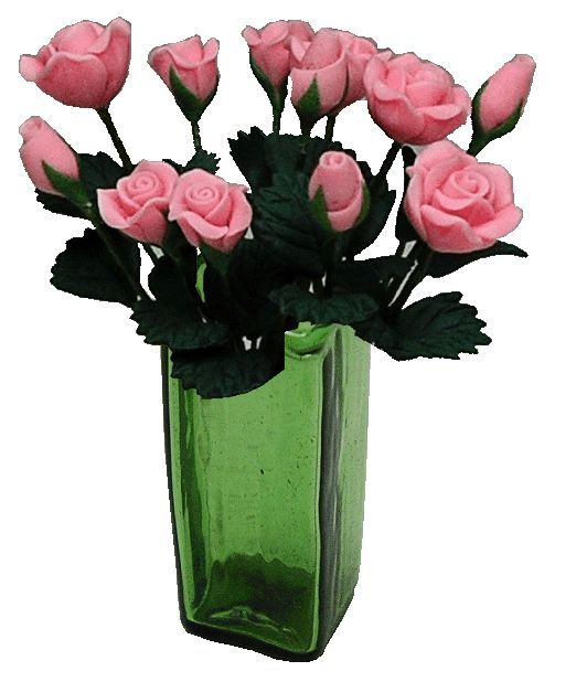 Pink Roses in Green Square Vase 12pc | Mary's Dollhouse Miniature ...