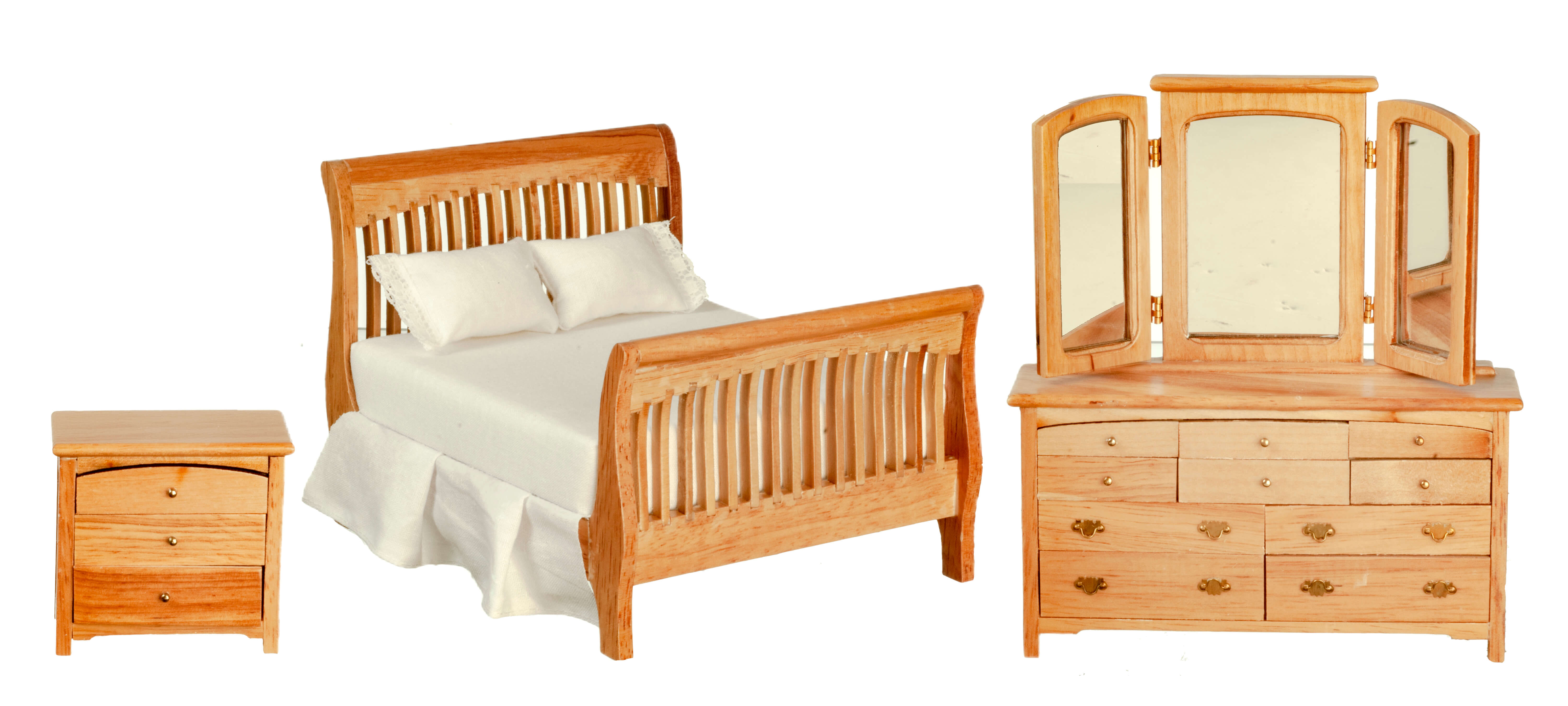 Slat Bedroom Set Oak - 3pc | Mary's Dollhouse Miniature Accessories