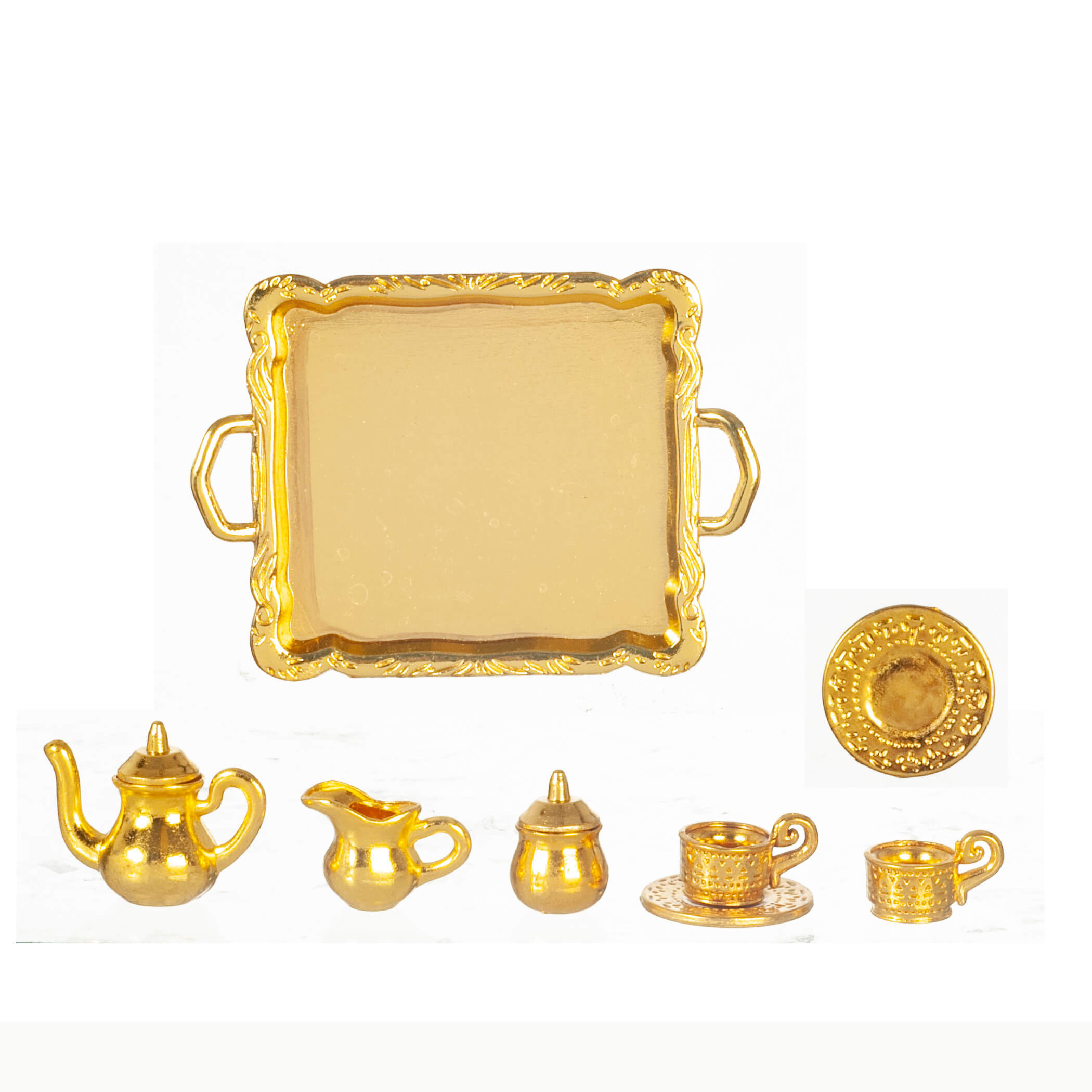 Gold Tea Set w/ Tray 7pc | Mary's Dollhouse Miniature Accessories