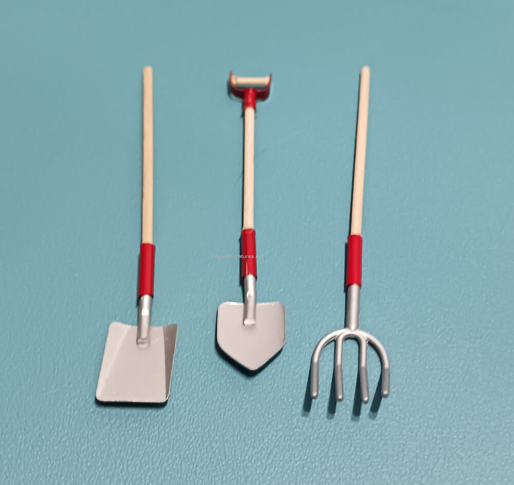 3pc Wood Handled Farm Tools Set Red | Mary's Dollhouse Miniature ...